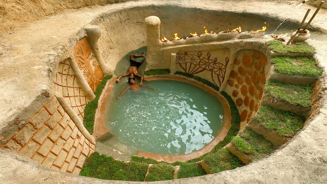 Building an underground pool & hot tub in the wilderness | DIY natural ...