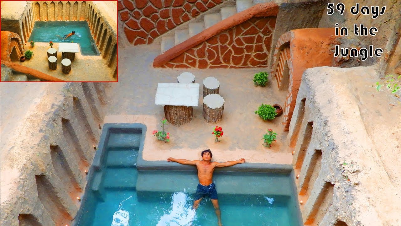 Building an amazing underground swimming pool & house with primitive tools