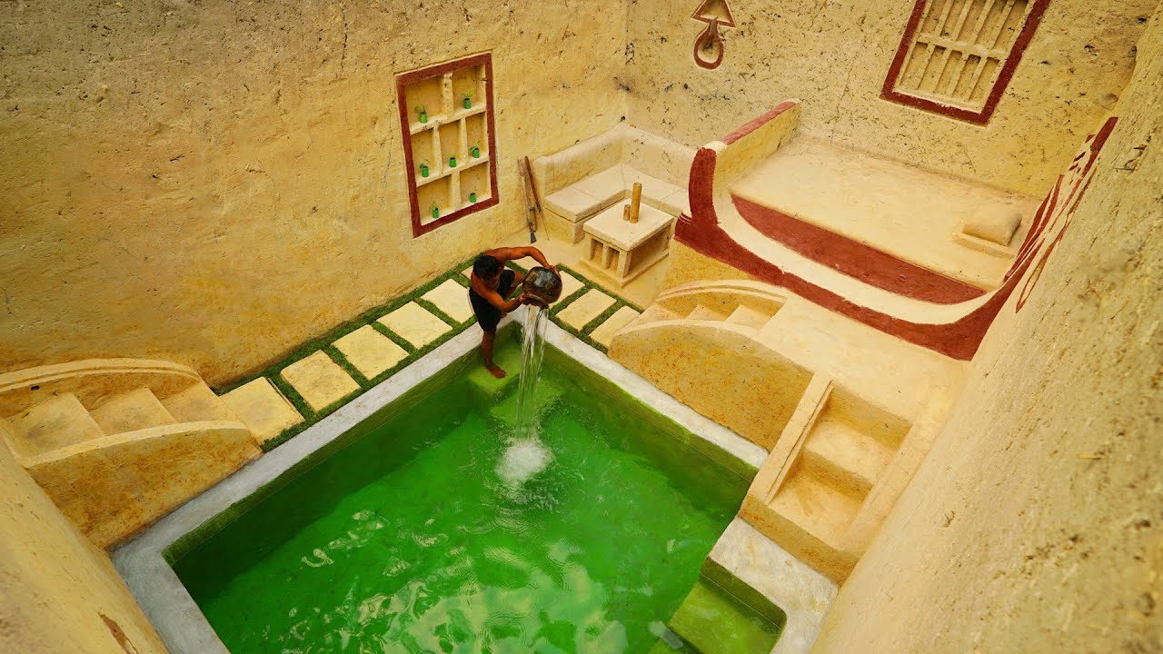 Building an amazing underground house with pool | Primitive skills ...