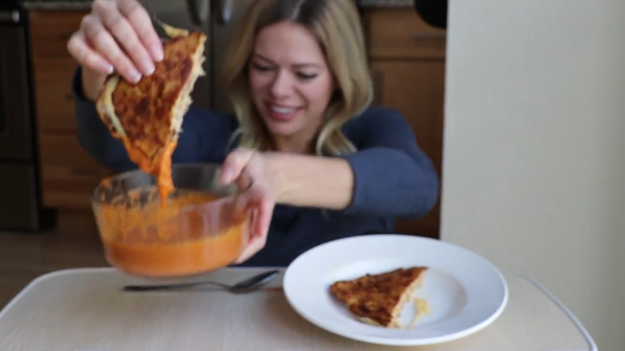 Cauliflower bread, grilled cheese and tomato soup
