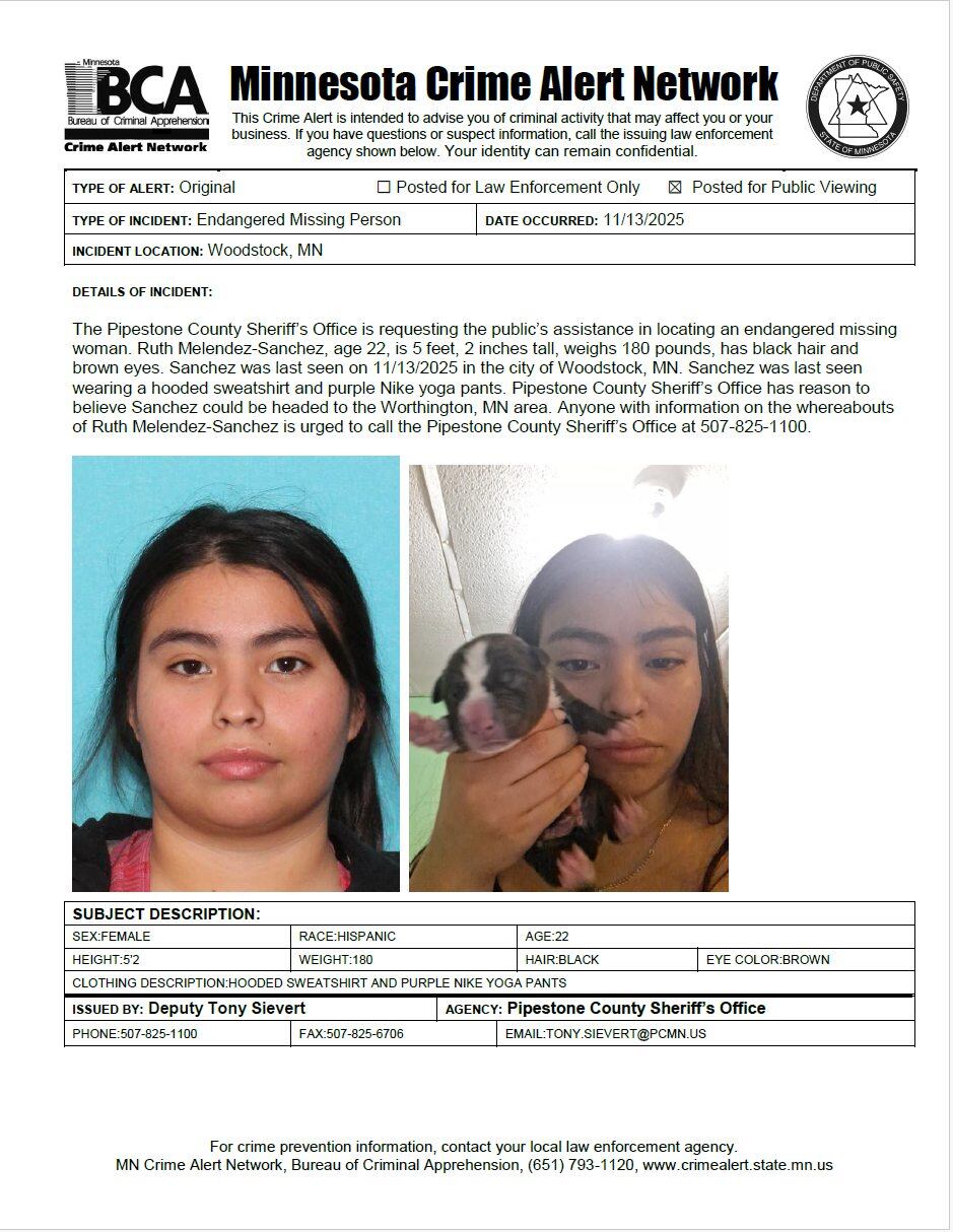 UPDATE: Endangered missing woman in Pipestone County located safely