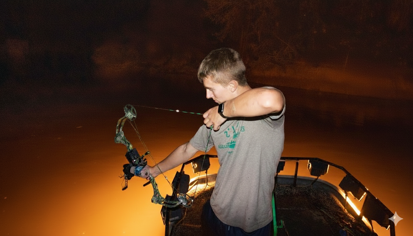 Nighttime Bowfishing Surprise: Giant Fish Hit Under the Spotlight