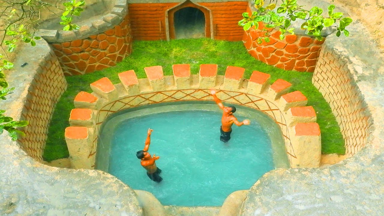 Building an epic underground castle pool by hand | Primitive DIY design!