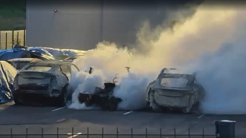 Massive fire at Tesla dealership burns dozens of EVs