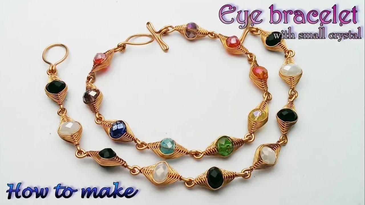 Eye bracelet with small crystal - Herringbone wire wrap bead 388
