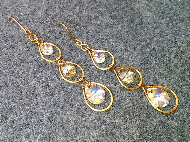 Peacock feathers earrings from copper wire and teardrop-shaped crystal 214