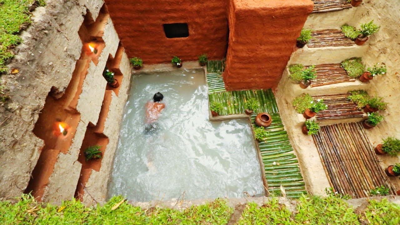 Building an epic underground house & pool with primitive skills ...