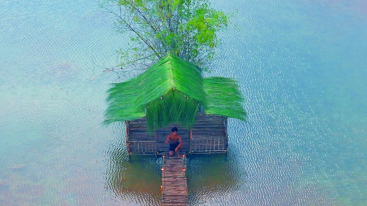 Building a floating lake hut with natural materials | Primitive DIY ...