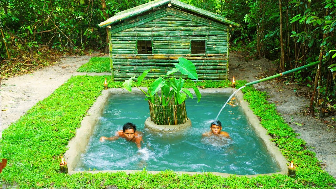 Building a bamboo house & natural plunge pool | Off-grid primitive DIY