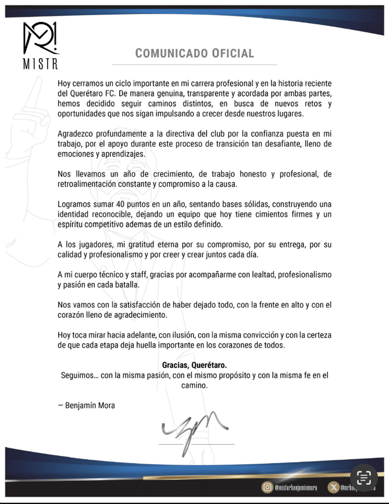 Liga MX: Gallos de Querétaro le da las gracias a Benjamín Mora