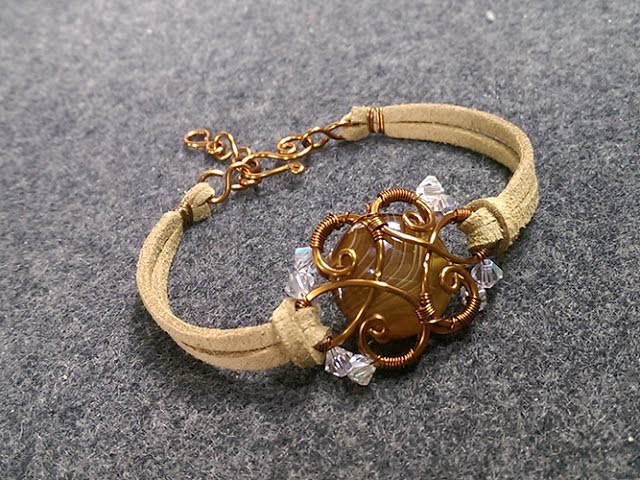 Bracelet with leather cord and stone no hole - DIY copper wire jewelry 192