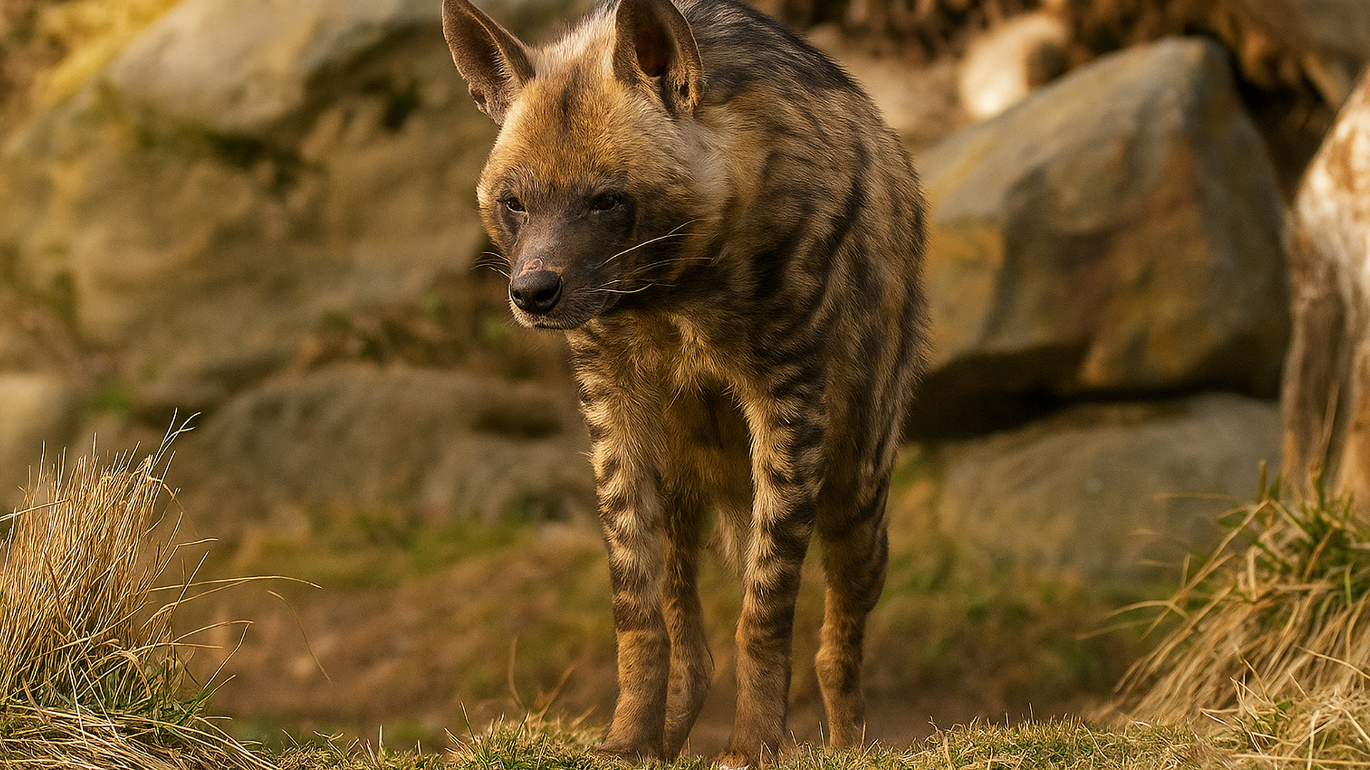 A Striped Hyena Roams Among the Rocks
