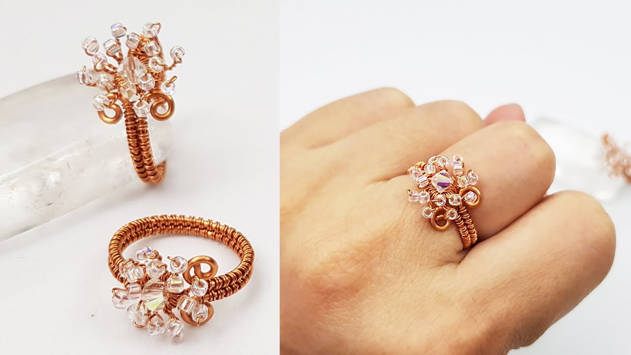 Flower ring from copper wire and small beads - How to make jewelry 445