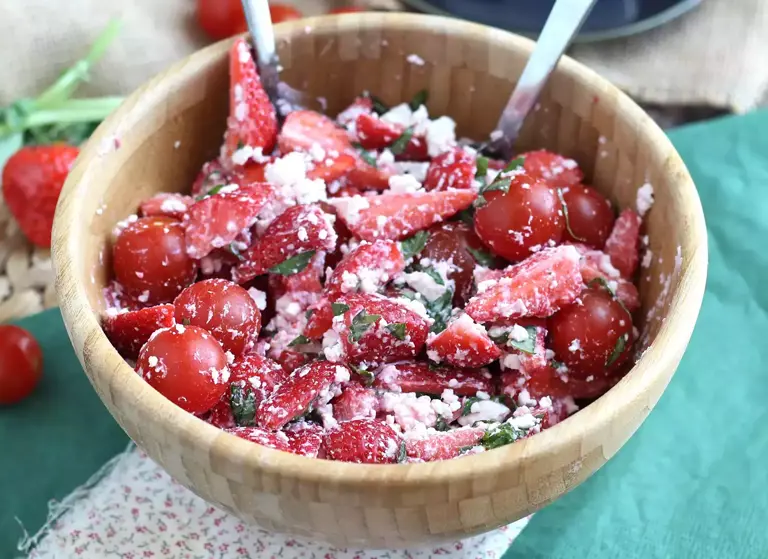 Strawberry, tomato, feta, and basil salad