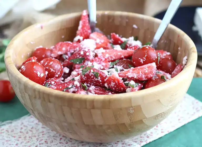 Strawberry, tomato, feta, and basil salad