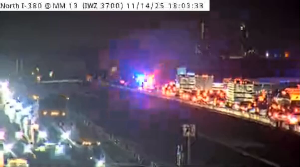 I-380 northbound road blocked due to multi-vehicle crash near Cedar Rapids