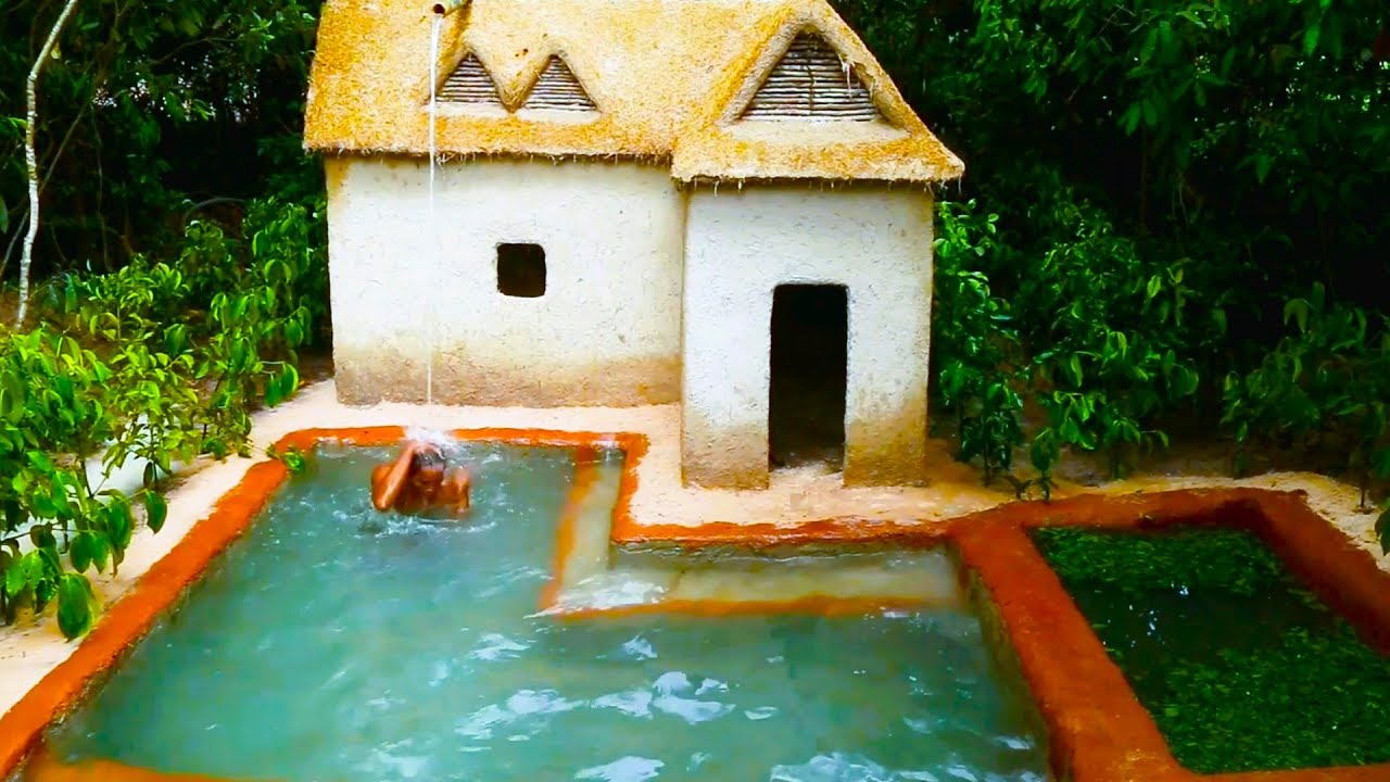 Building a primitive jungle house with natural pool & bamboo waterfall ...