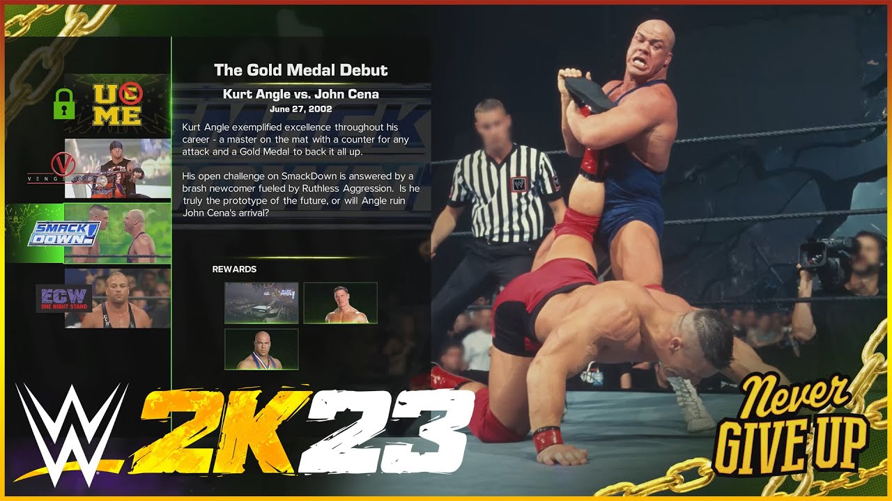 WWE 2K23 showcase the gold medal debut Kurt Angle vs John Cena (100% ...