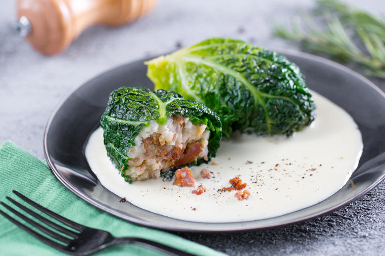 Savoy cabbage rolls stuffed with rice