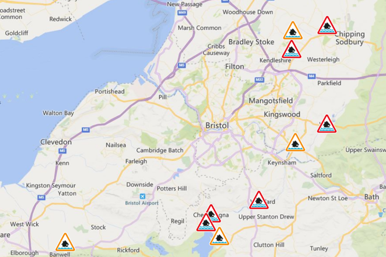 Six flood warnings for Bristol area as travel chaos continues