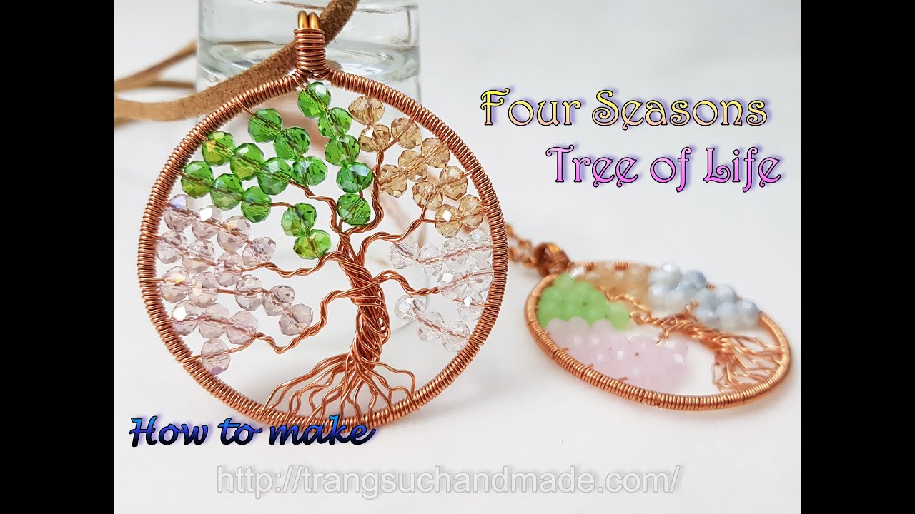 Four seasons tree of life pendant with small crystal and copper wire 524
