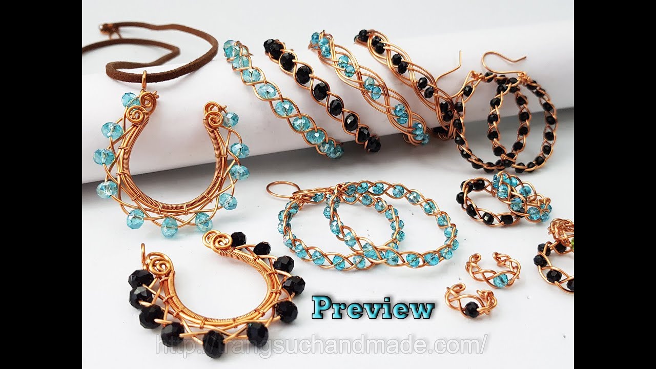Preview 3-strand braid jewelry set from copper wire and small crystal 484