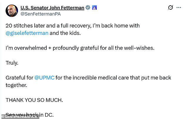 Fetterman shares smiling selfie of stitched up face after heart problem ...