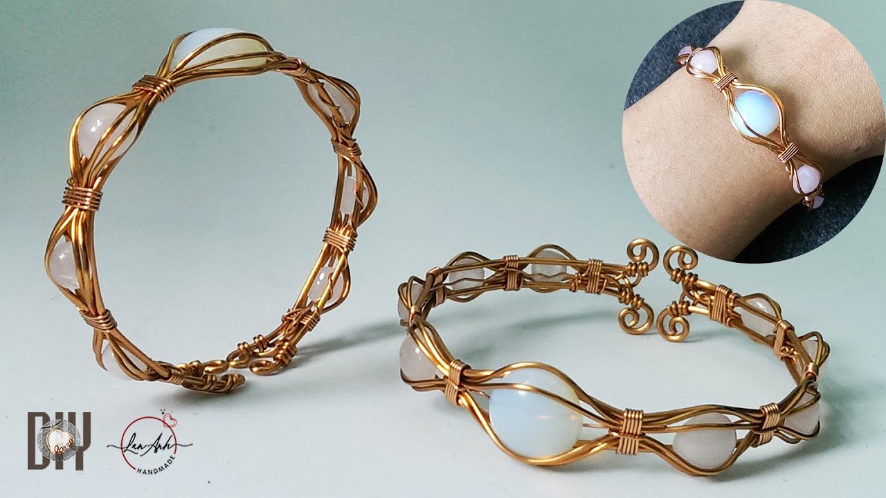 Wire Eye bracelet with small half round pink quartz and opalite - full ...