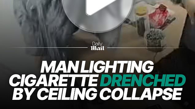 Ceiling collapse drenches man trying to light cigarette