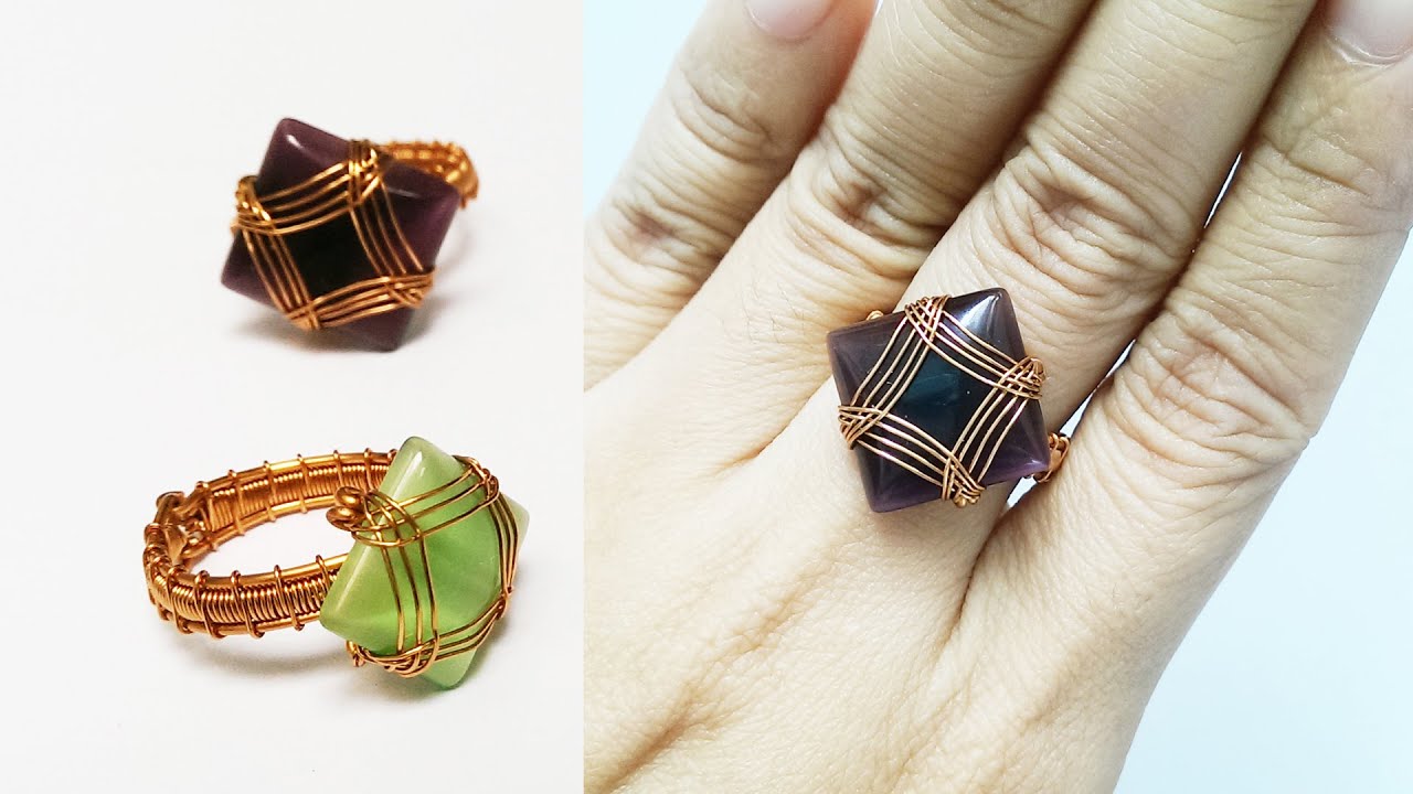 Wire ring with square cabochon - How to make jewelry from copper 385