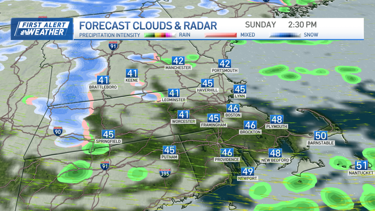Spotty showers in southern New England, plowable snow up north