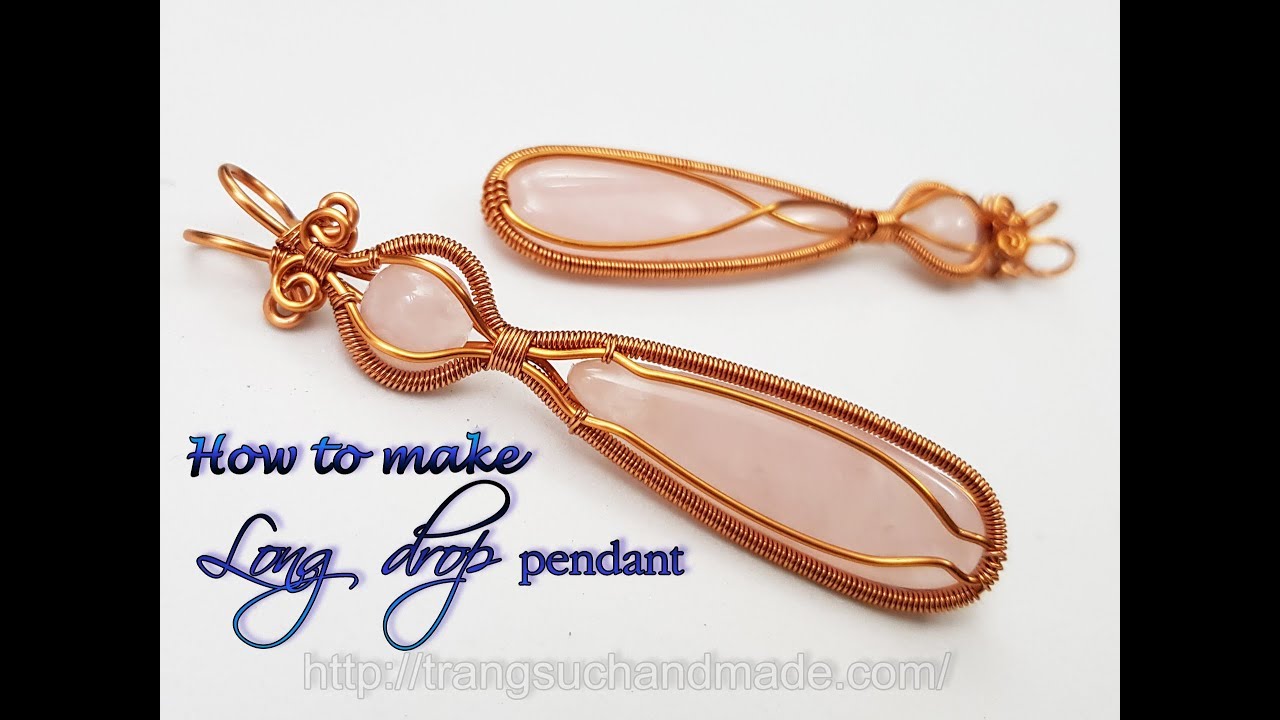 Copper wire pendant with stone long drop and half round cabochon - Wire ...