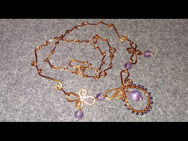 Copper wire necklace with amethyst - handmade jewelry design 84