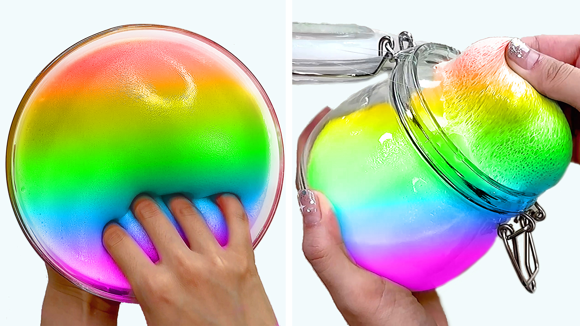 Mira cómo este slime arcoíris se expande en tus manos