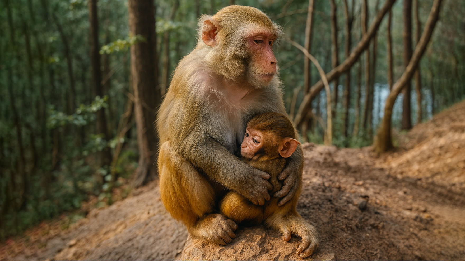 Mom and Baby Monkey Sit Still for Food