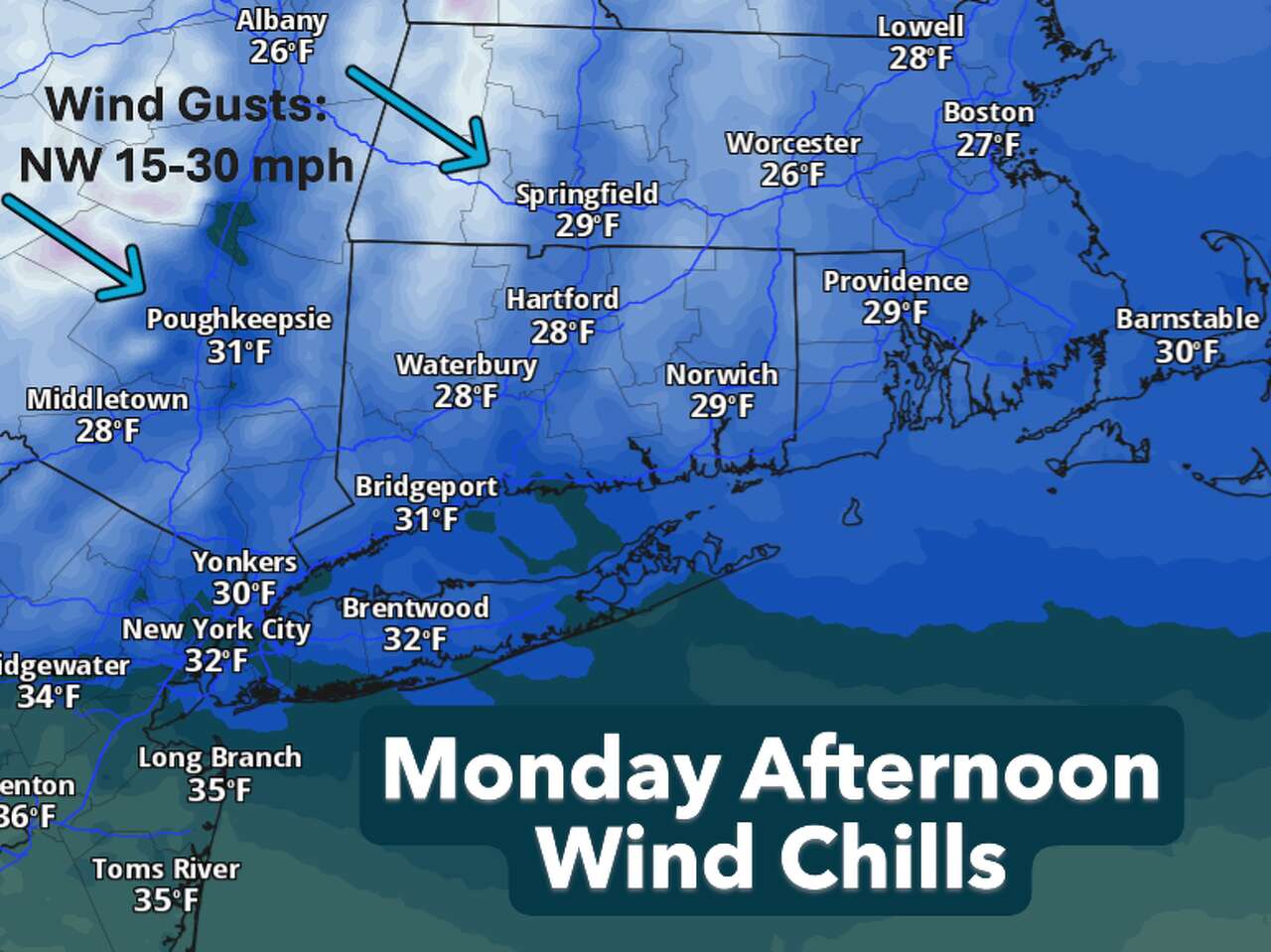 Wind chills in the 20s Monday in CT, but milder weather on the way
