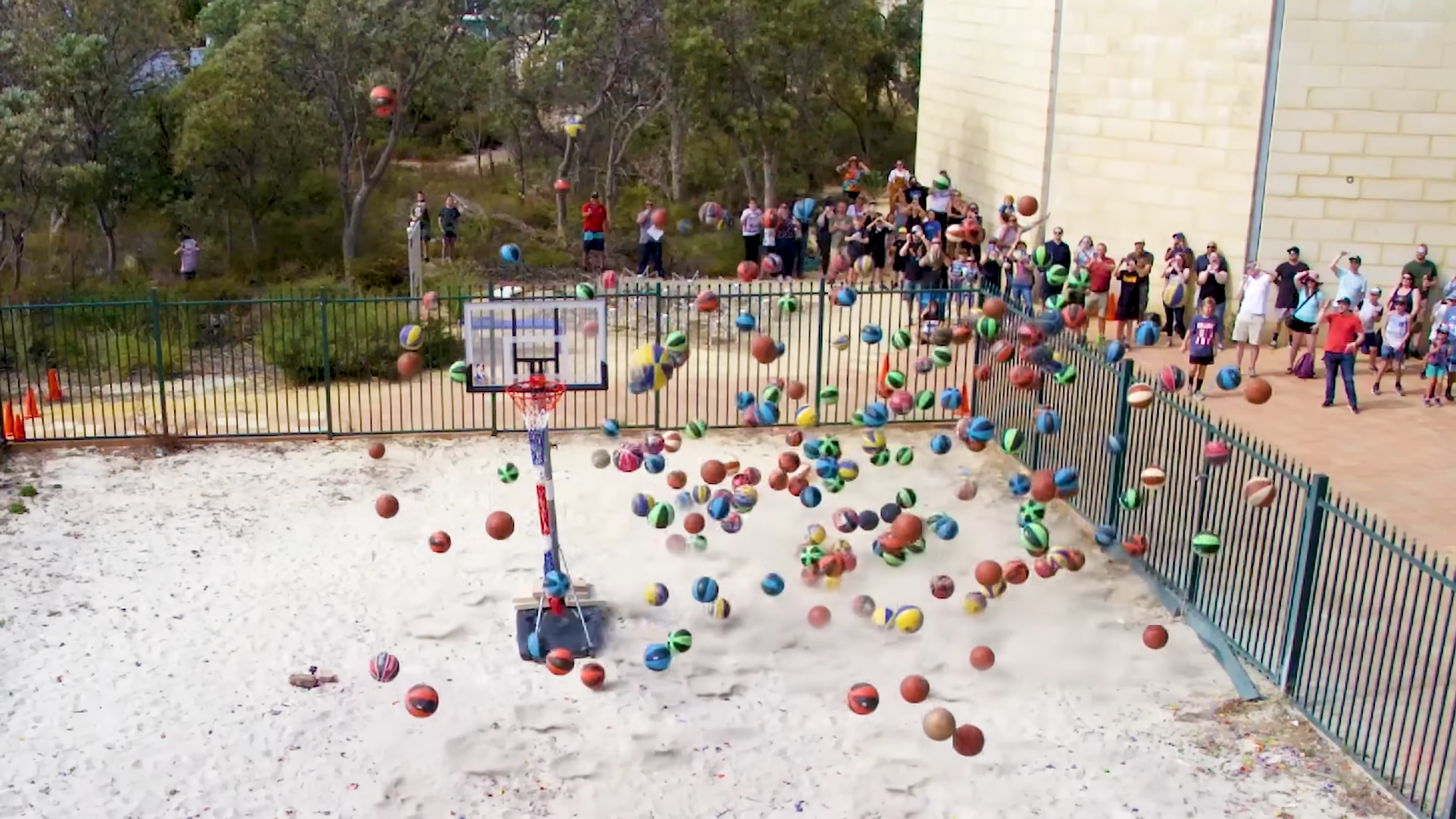 What happens when 250 basketballs drop at the one hoop