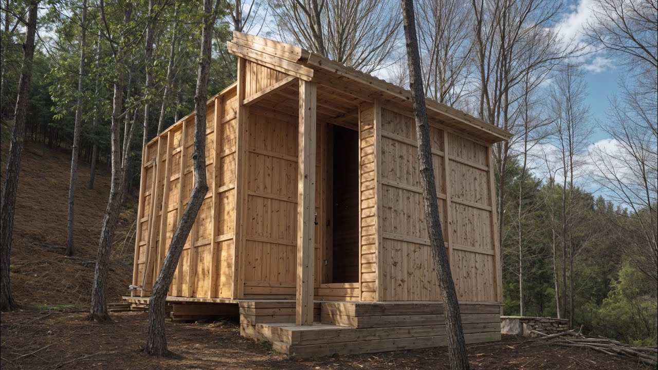 Construction from pallets. Free wood. House in the forest