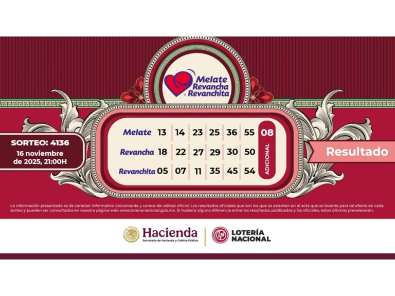 Resultados Melate 4136: Domingo 16 de noviembre de 2025