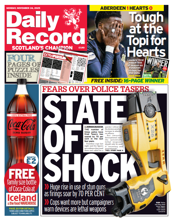 Scotland's papers: Taser use fears and Grangemouth Budget pledge