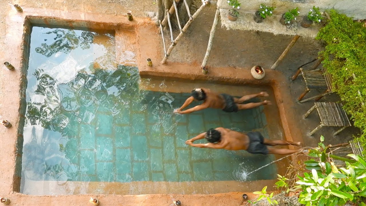 Building a stunning jungle pool with primitive tools | Natural DIY off ...
