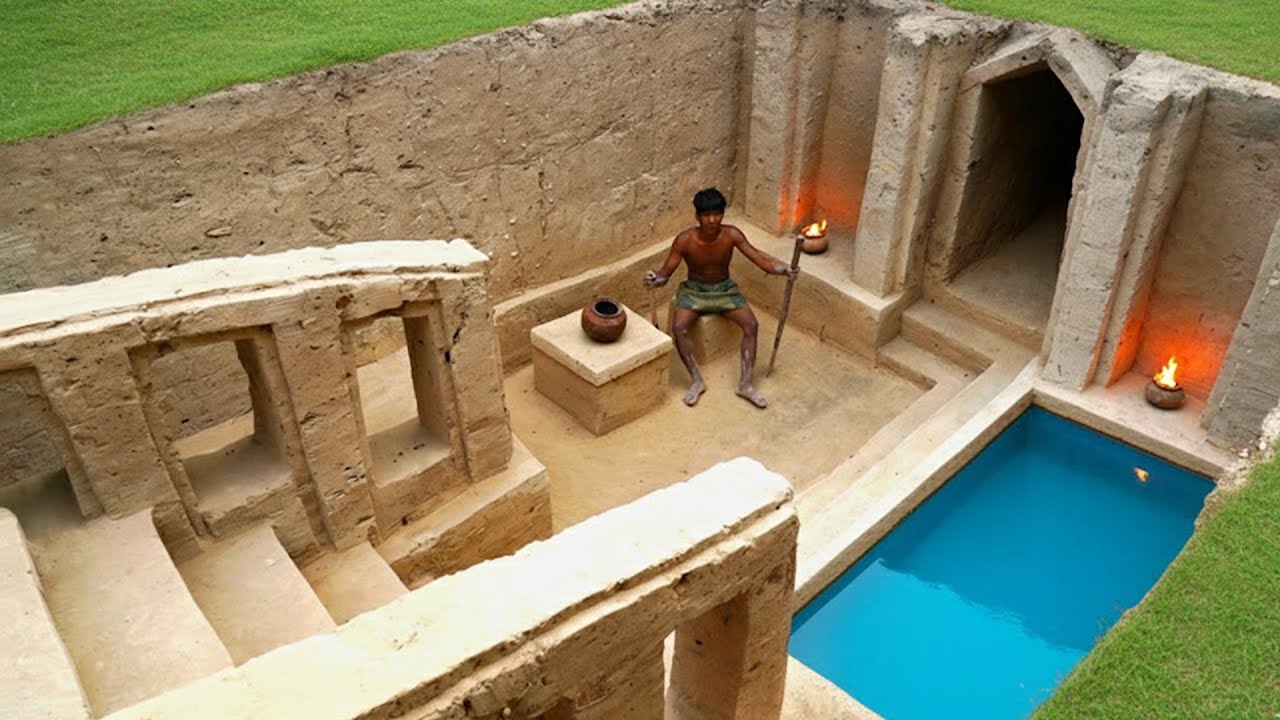 Building an amazing underground house with primitive tools | Jungle ...