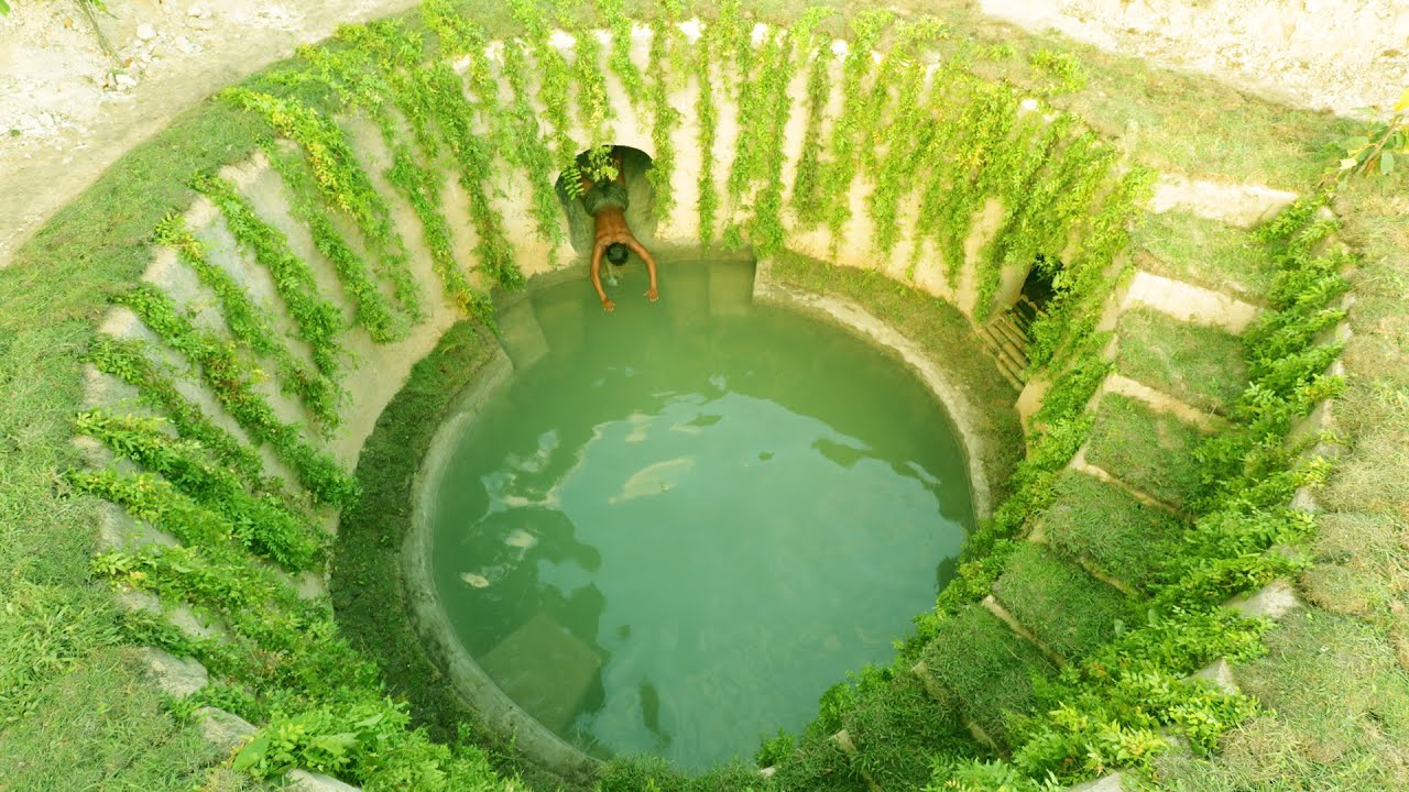 Building a stunning underground pool with primitive tools & bamboo ...
