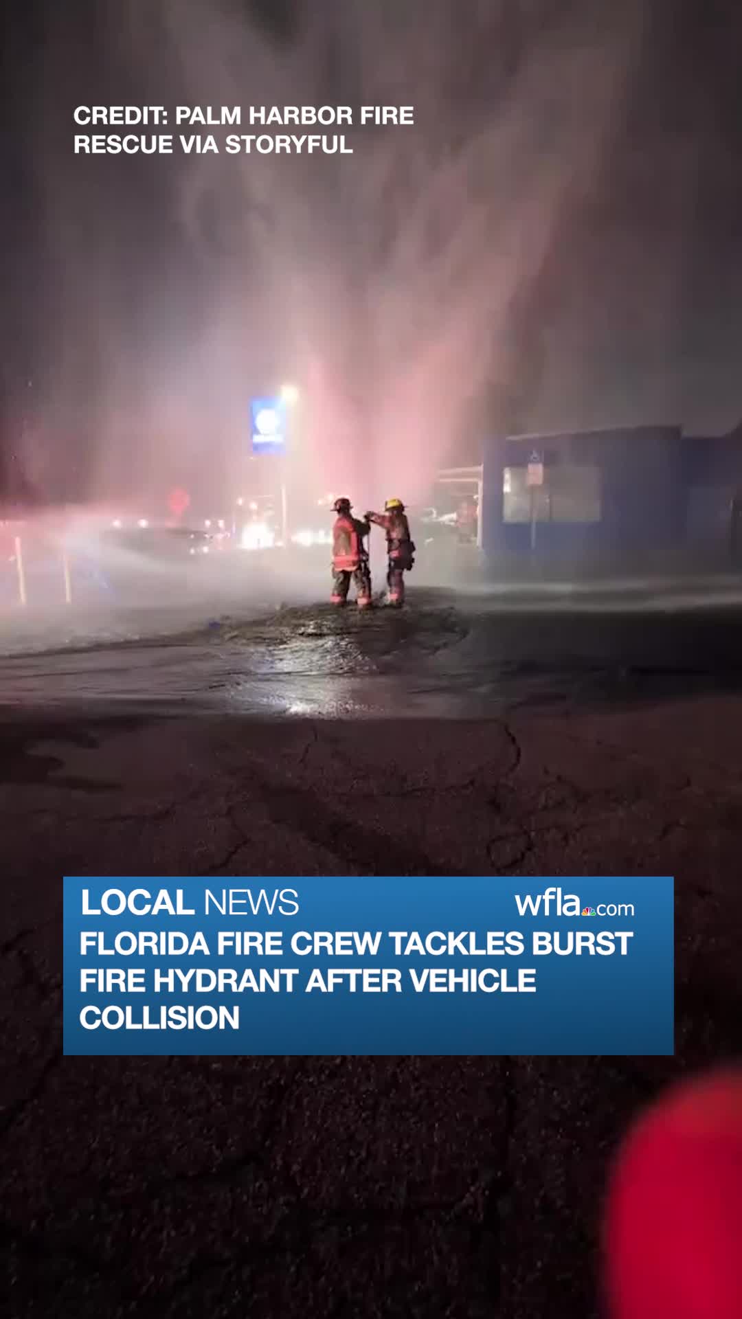 Florida fire crew tackles burst fire hydrant after vehicle collision