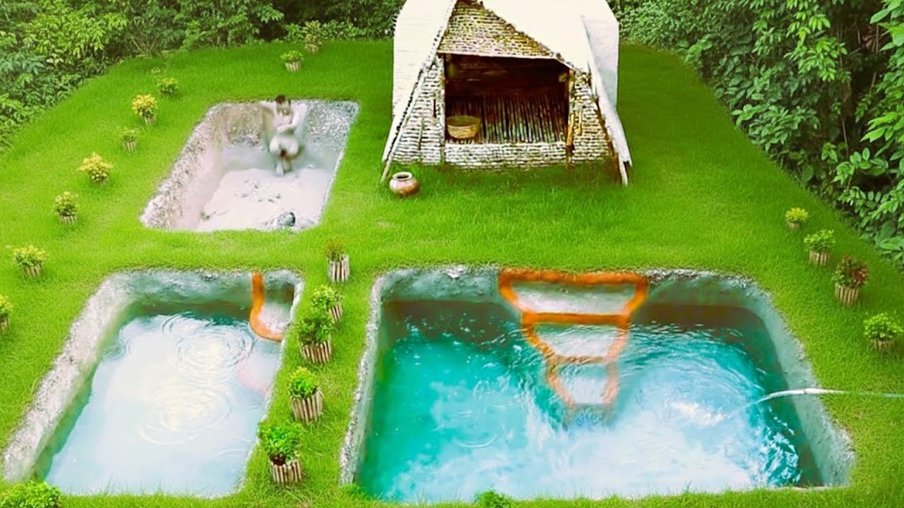 Building a primitive mud hut & multi-level pool | Wilderness survival ...