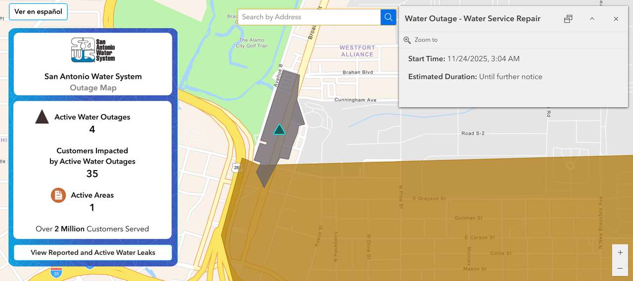 SAWS working to fix major water leak along Broadway north of downtown