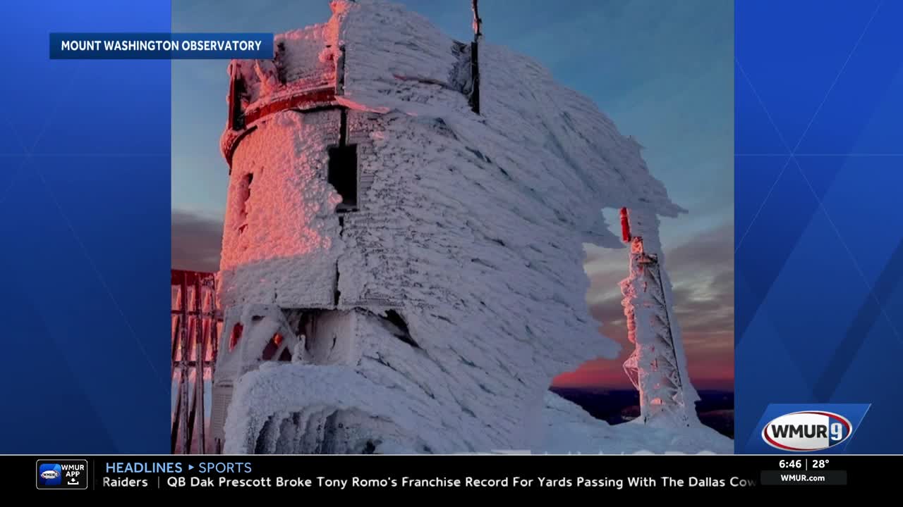 Snow, rime ice seen at Mount Washington at sunrise