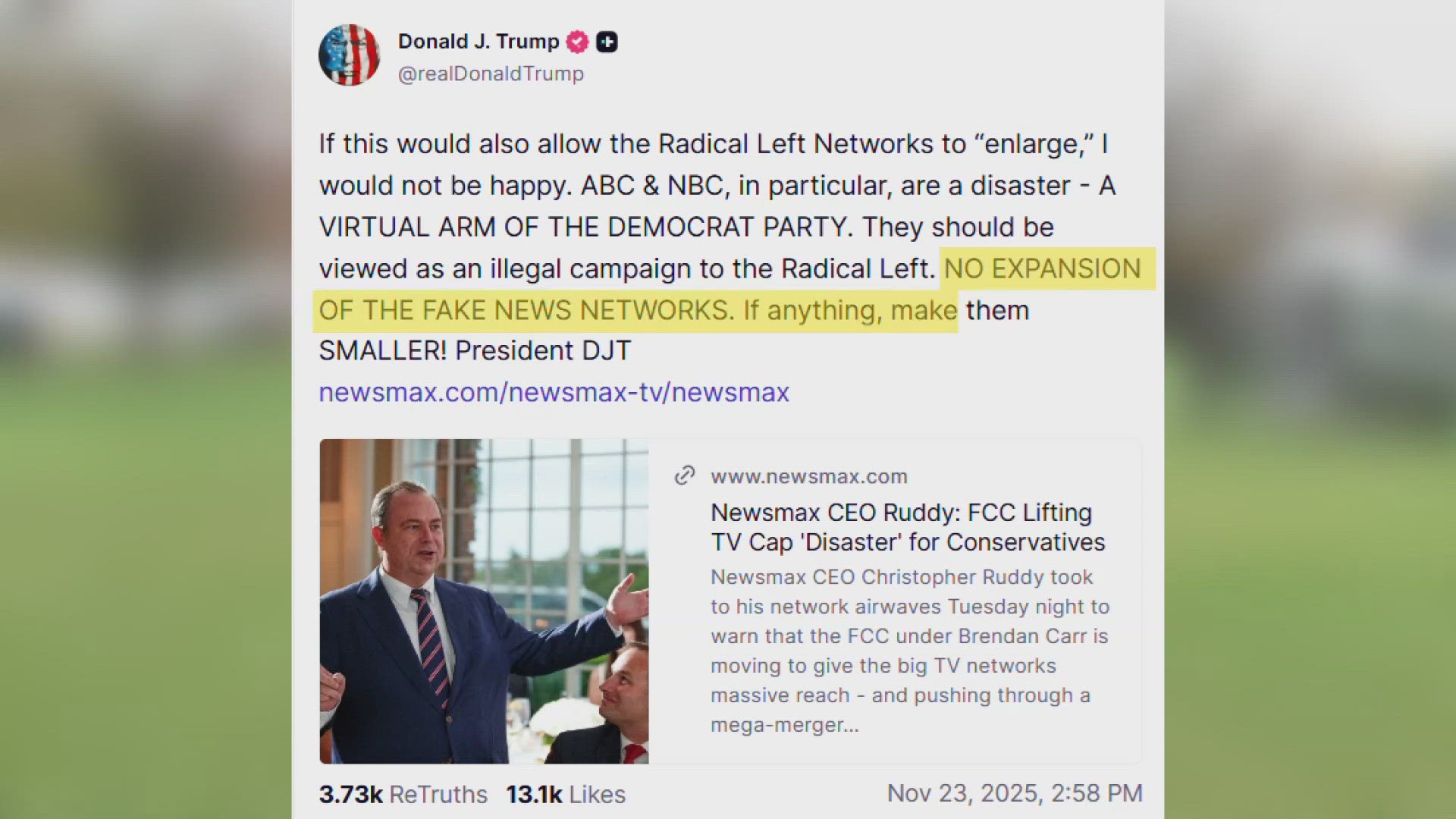 Trump expresses opposition to deregulation in local TV news