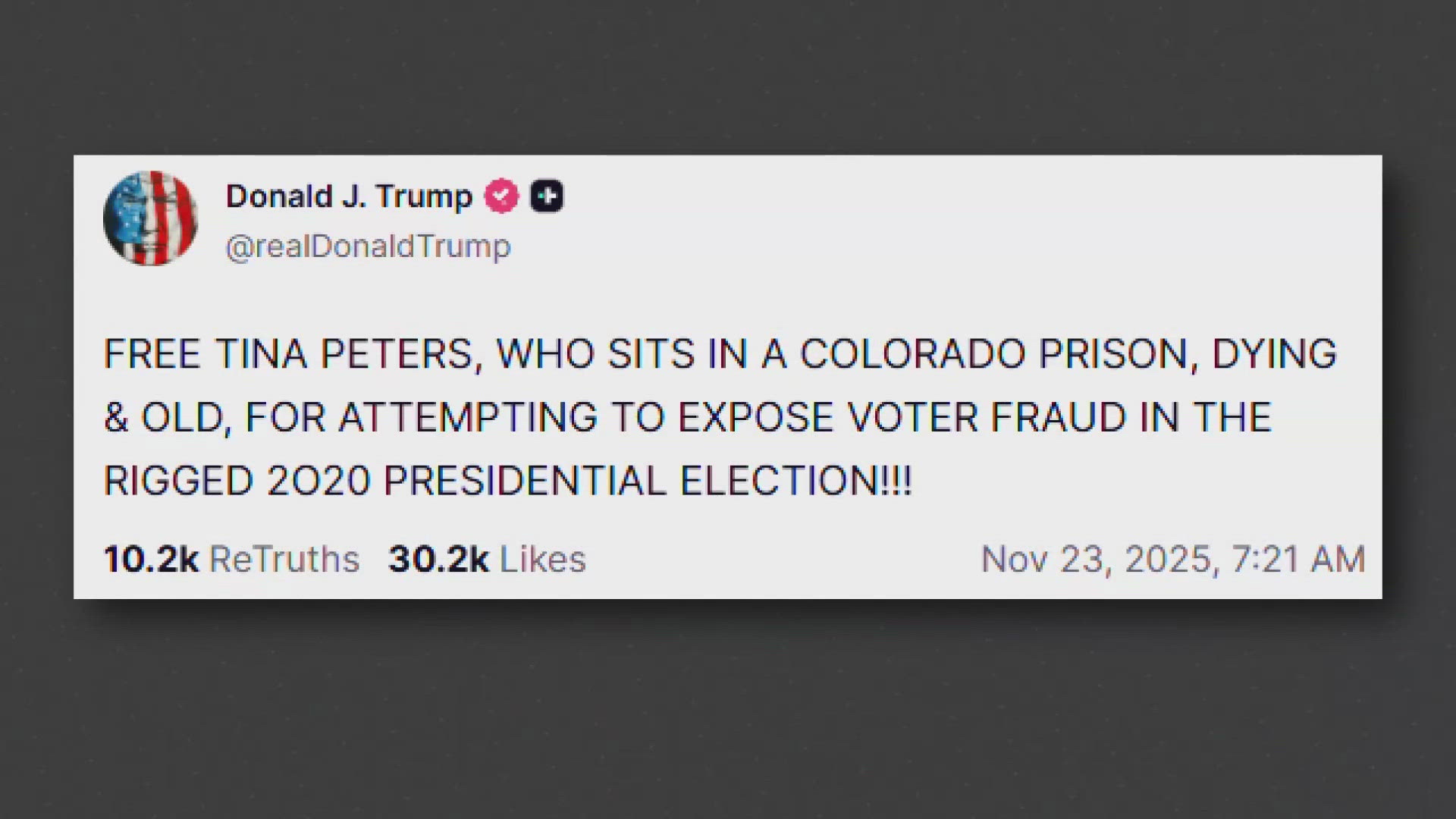 Trump demands release of Tina Peters in social media post