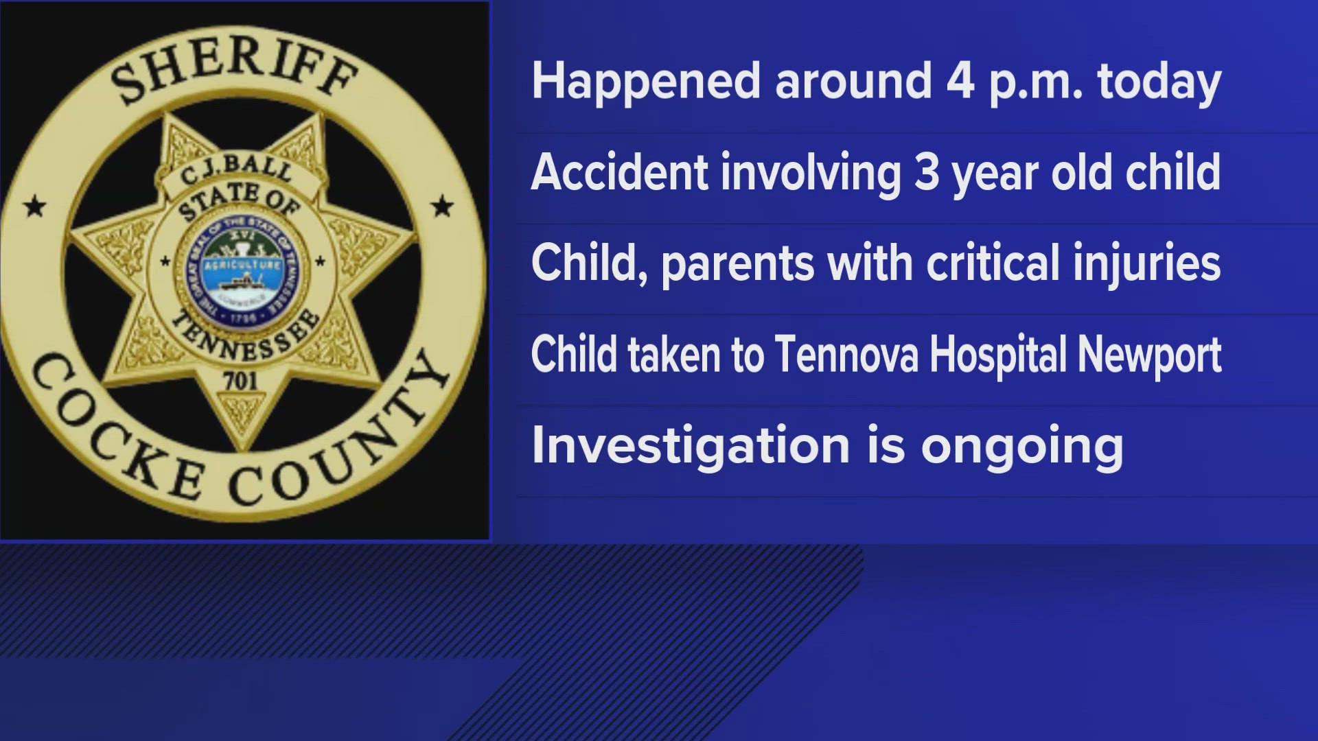 CCSO: 3-year-old dies after 'motor vehicle accident' in Newport